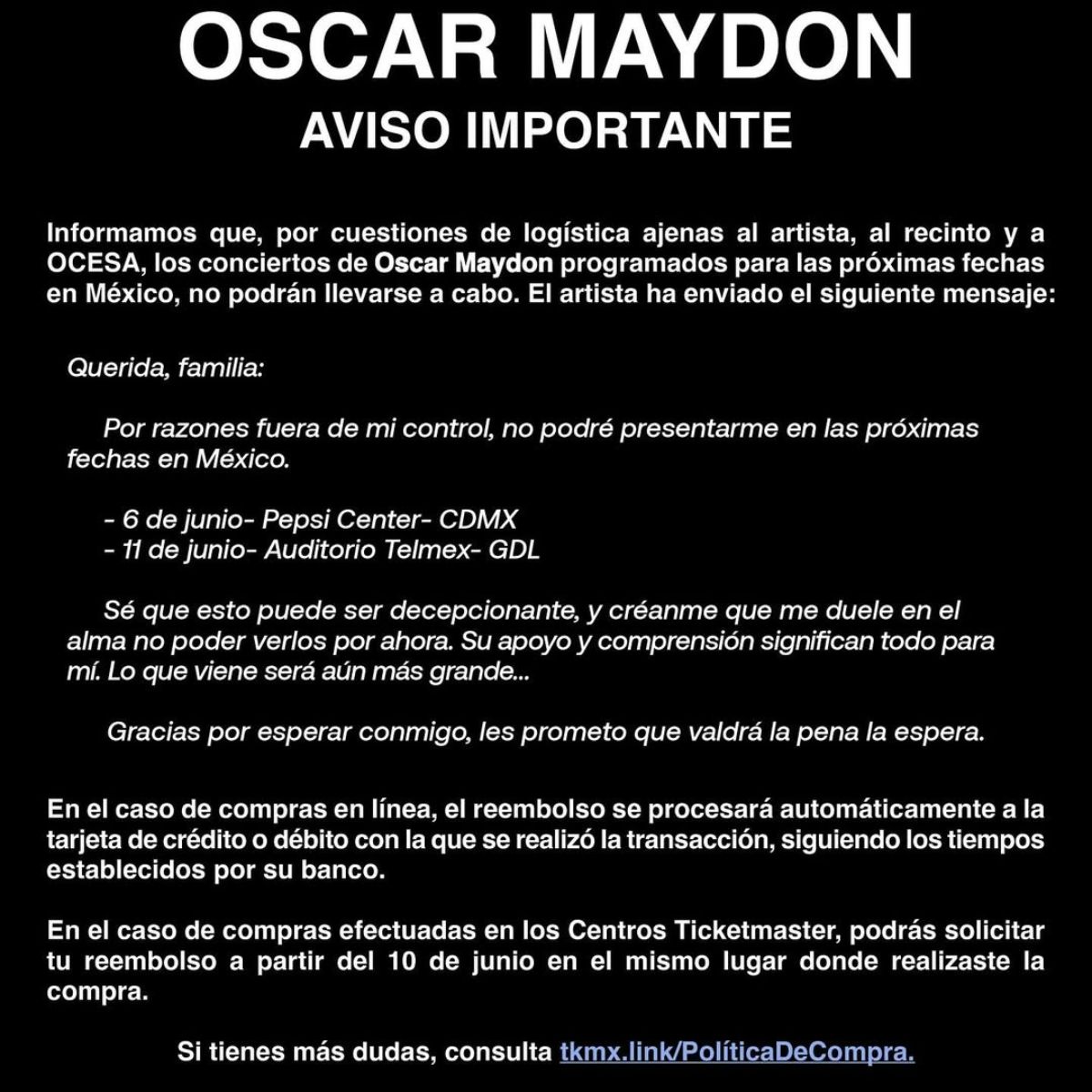 ¿Por qué Oscar Maydon canceló todos sus conciertos en México? - Sonica